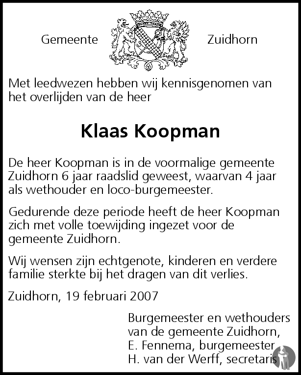 Klaas Koopman 19-02-2007 overlijdensbericht en condoleances - Mensenlinq.nl