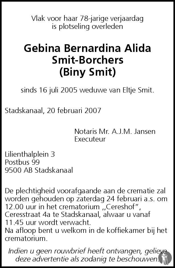 Gebina Bernardina Alida (Biny Smit) Smit - Borchers 20-02-2007 ...