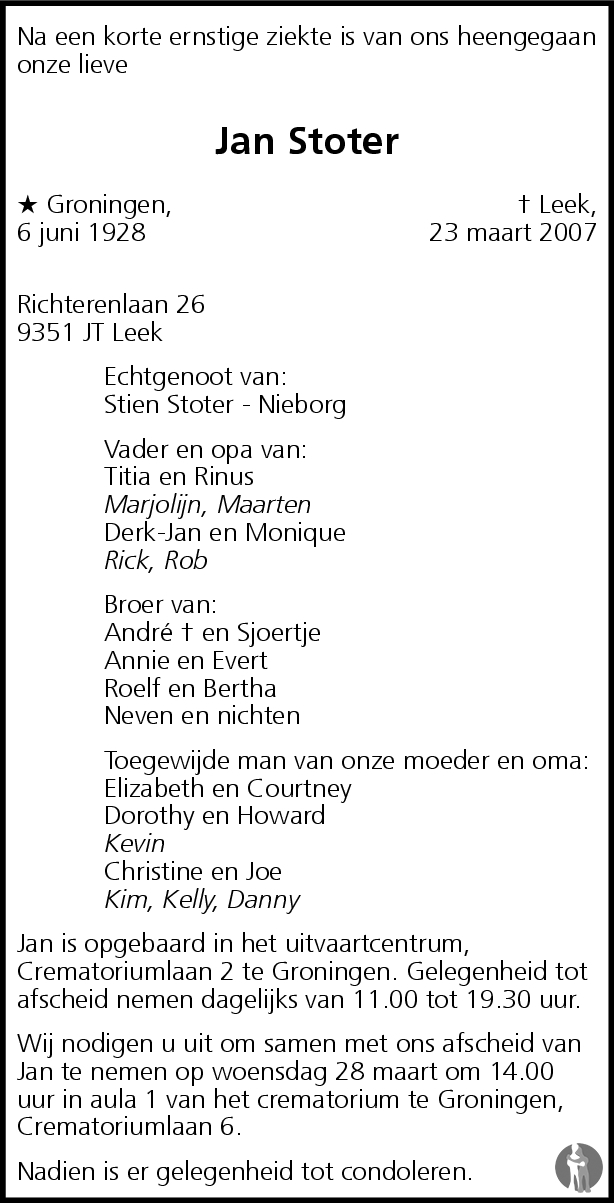 Jan Stoter 23-03-2007 overlijdensbericht en condoleances - Mensenlinq.nl