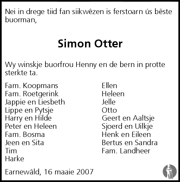 Simon Otter 16-05-2007 overlijdensbericht en condoleances - Mensenlinq.nl