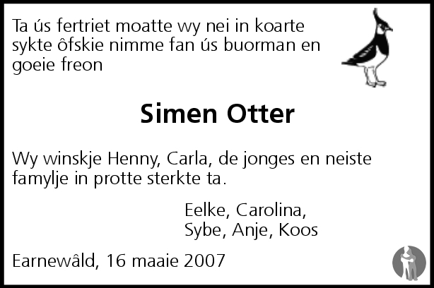 Simon Otter 16-05-2007 overlijdensbericht en condoleances - Mensenlinq.nl