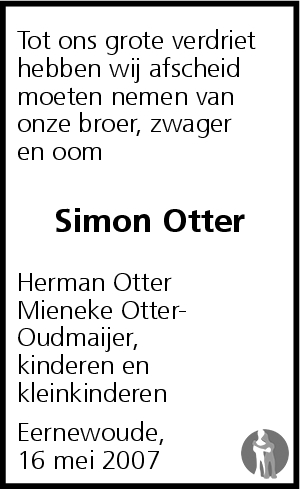 Simon Otter 16-05-2007 overlijdensbericht en condoleances - Mensenlinq.nl