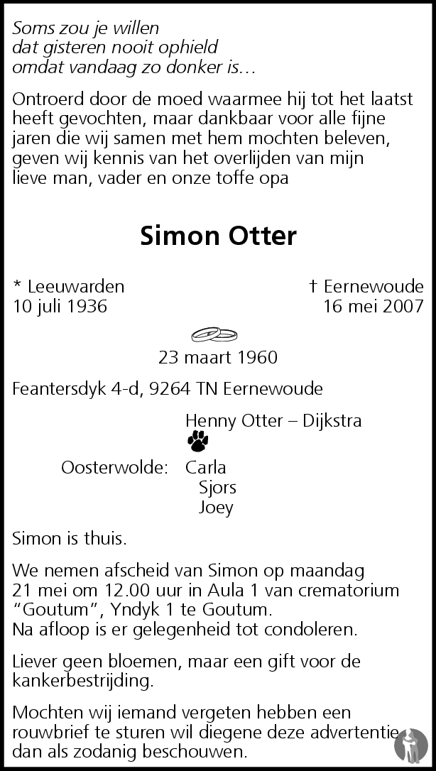 Simon Otter 16-05-2007 overlijdensbericht en condoleances - Mensenlinq.nl