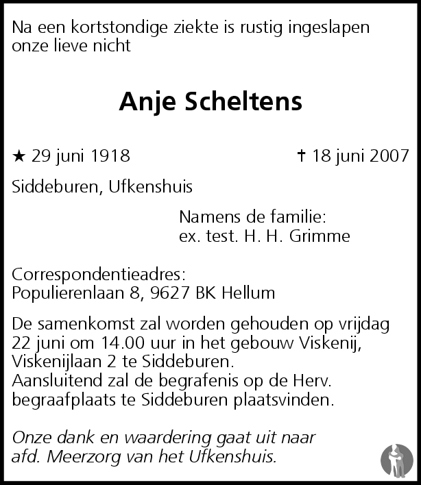 Antje Scheltens 18-06-2007 overlijdensbericht en condoleances ...