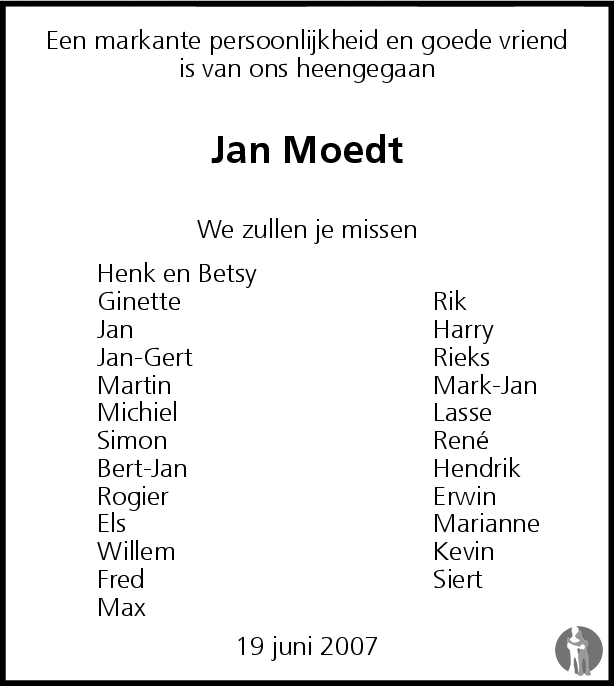 Jan Jacob Moedt 19-06-2007 overlijdensbericht en condoleances ...