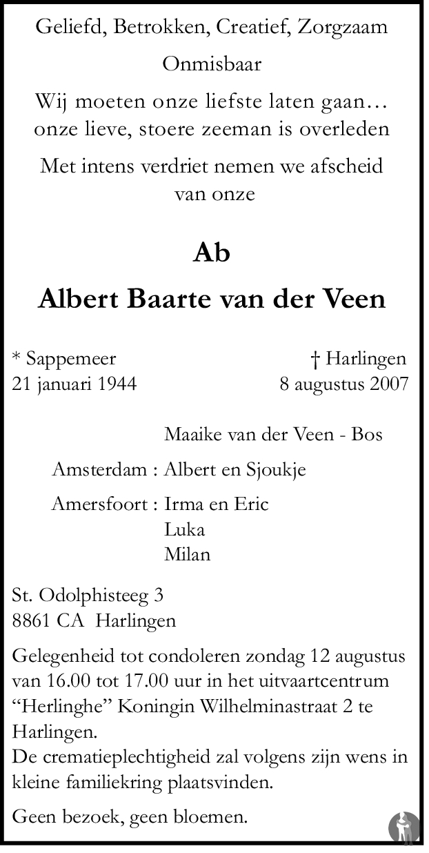 Albert Baarte (Ab) van der Veen 08-08-2007 overlijdensbericht en ...