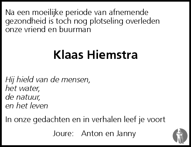 Klaas Hiemstra 13-08-2007 overlijdensbericht en condoleances ...