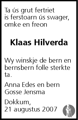 Klaas Hilverda 21-08-2007 overlijdensbericht en condoleances ...