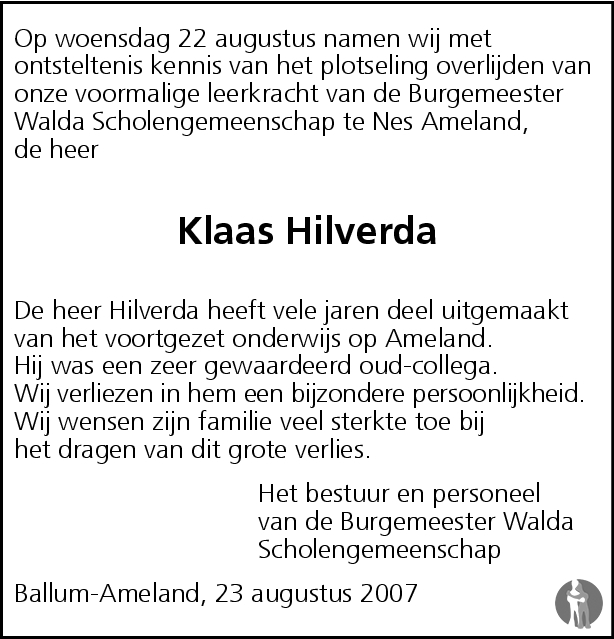 Klaas Hilverda 21-08-2007 overlijdensbericht en condoleances ...