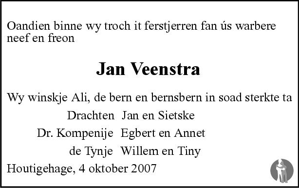 Jan Veenstra 04-10-2007 overlijdensbericht en condoleances - Mensenlinq.nl