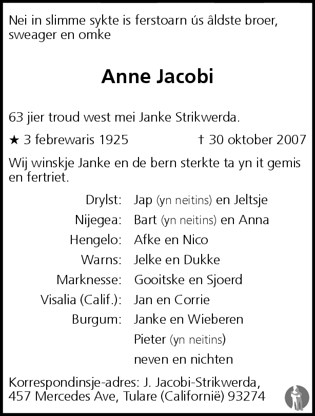Anne Jacobi 30-10-2007 overlijdensbericht en condoleances - Mensenlinq.nl