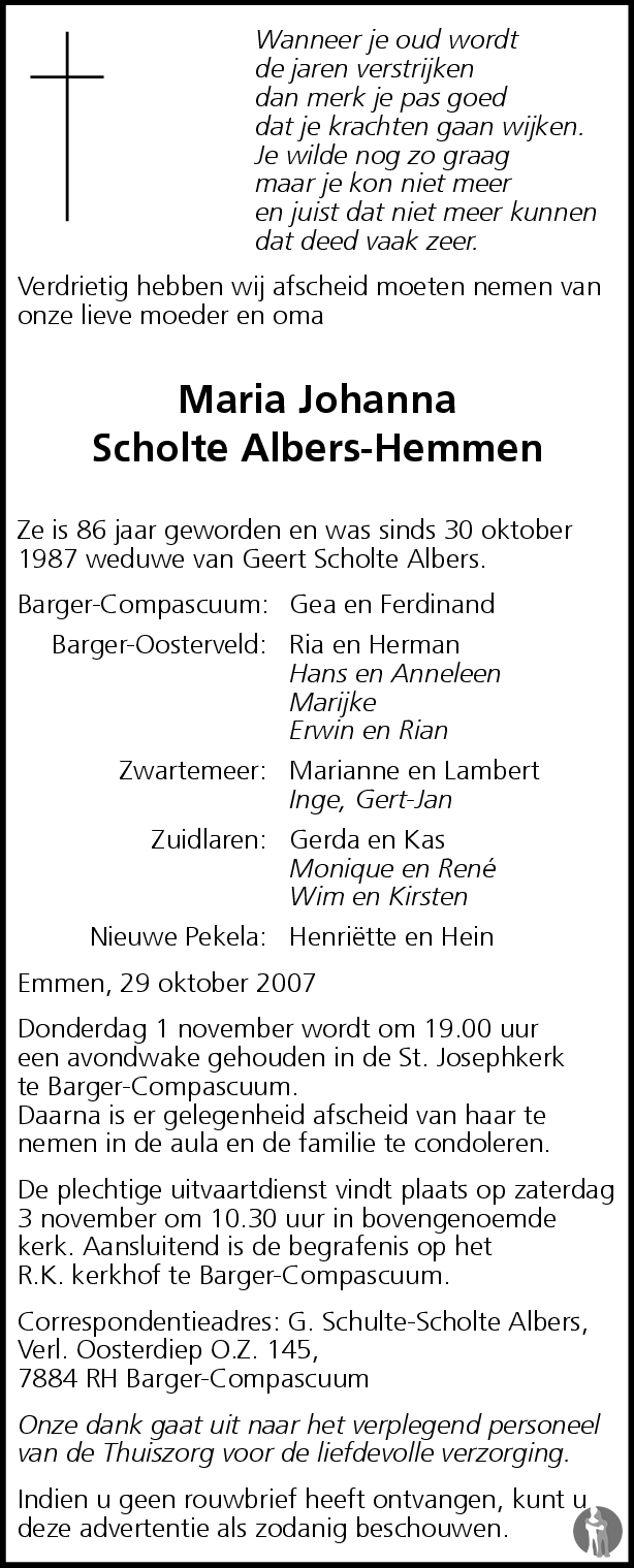 Maria Johanna Scholte Albers - Hemmen 29-10-2007 overlijdensbericht en ...