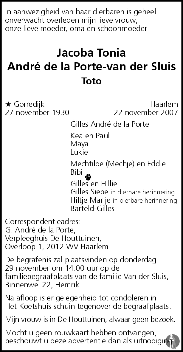 Jacoba Tonia (Toto) Andre de la Porte - van der Sluis 22-11-2007 ...