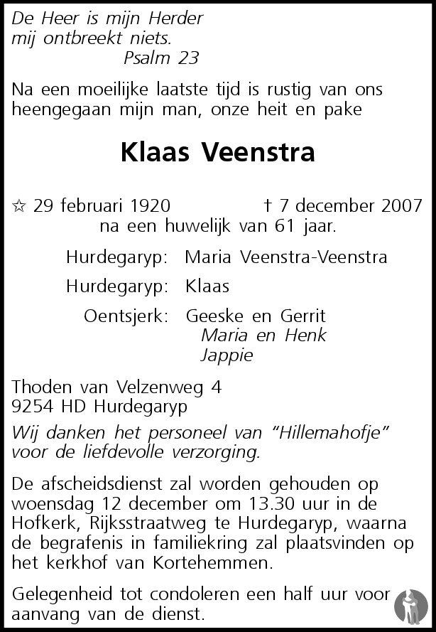 Klaas Veenstra 07-12-2007 overlijdensbericht en condoleances ...