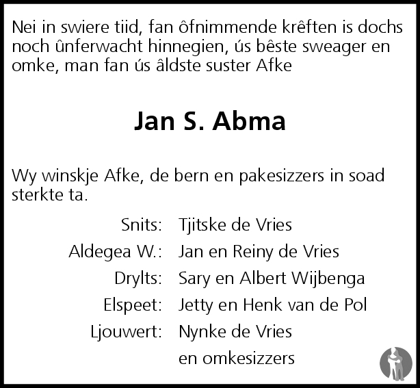 Jan Abma 22-12-2007 overlijdensbericht en condoleances - Mensenlinq.nl