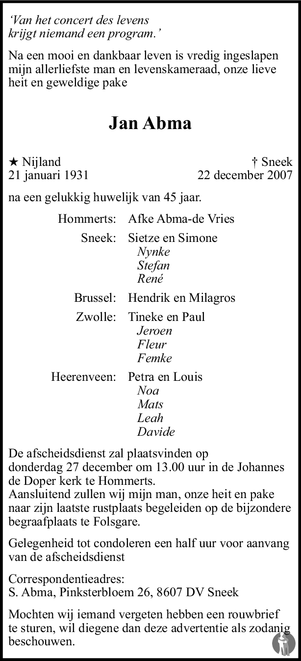 Jan Abma 22-12-2007 overlijdensbericht en condoleances - Mensenlinq.nl