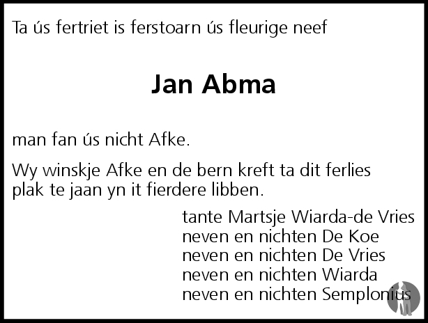 Jan Abma 22-12-2007 overlijdensbericht en condoleances - Mensenlinq.nl