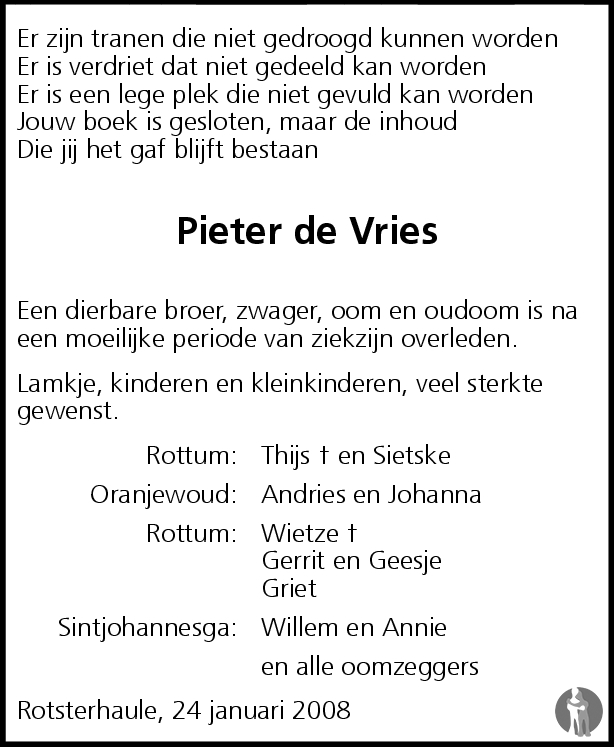 Pieter de Vries 24-01-2008 overlijdensbericht en condoleances ...