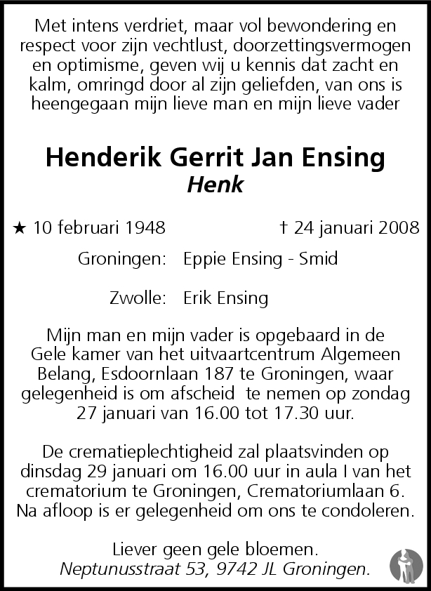 Henderik Gerrit Jan (Henk) Ensing 24-01-2008 overlijdensbericht en ...