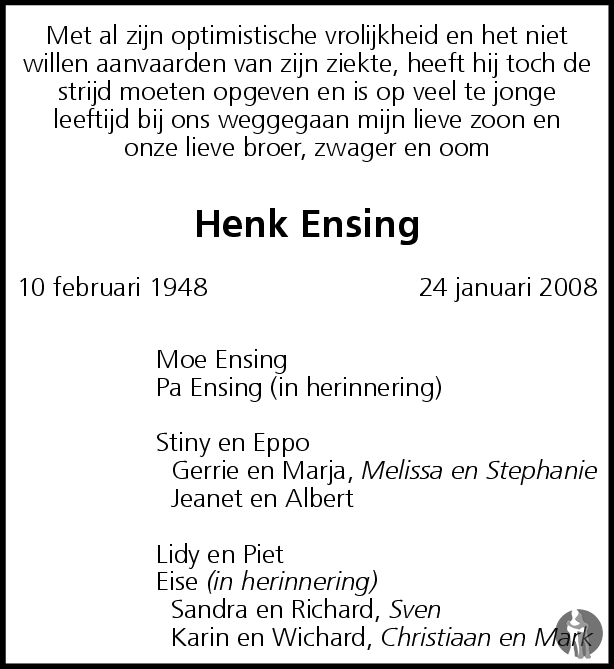Henderik Gerrit Jan (Henk) Ensing 24-01-2008 overlijdensbericht en ...