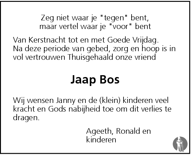 Jaap Bos 21-03-2008 overlijdensbericht en condoleances - Mensenlinq.nl