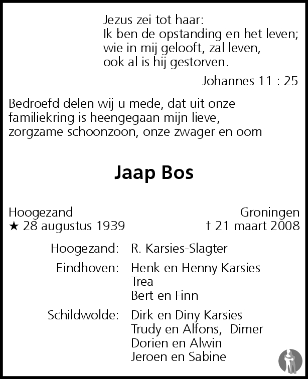 Jaap Bos 21-03-2008 overlijdensbericht en condoleances - Mensenlinq.nl