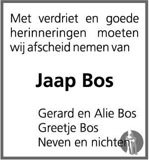 Jaap Bos 21-03-2008 overlijdensbericht en condoleances - Mensenlinq.nl