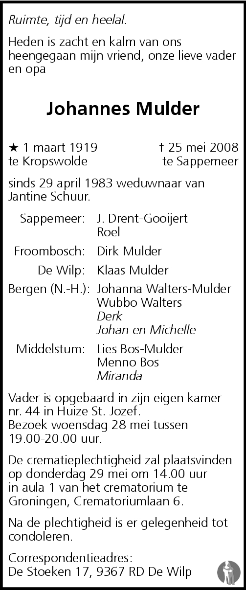Johannes Mulder 25-05-2008 overlijdensbericht en condoleances ...