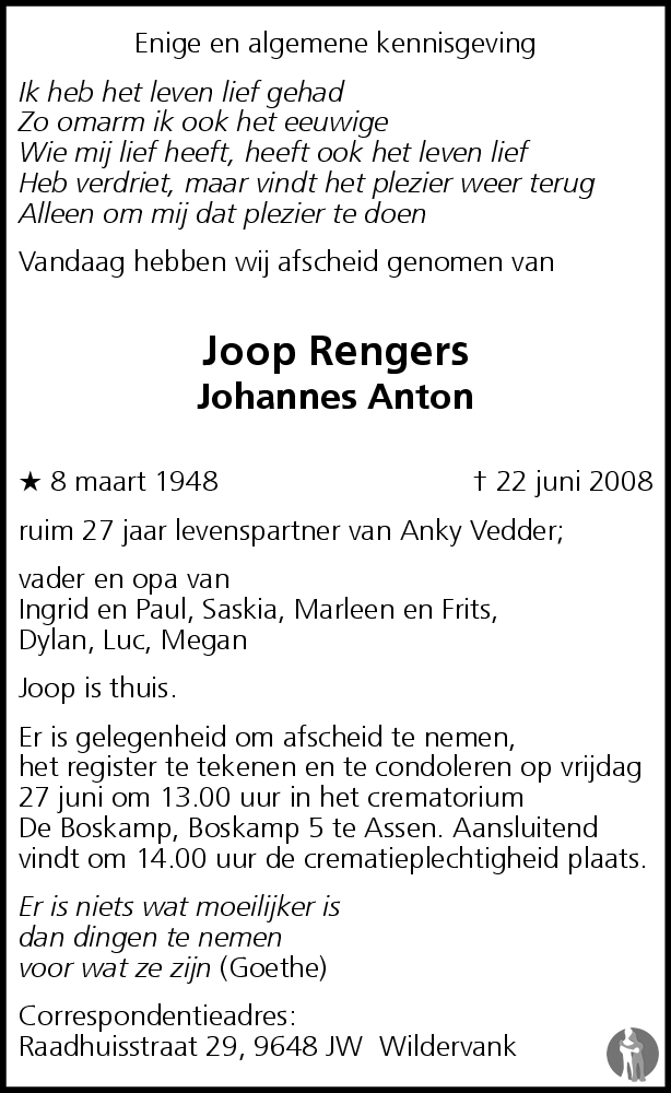 Johannes Anton (Joop) Rengers 22-06-2008 overlijdensbericht en ...