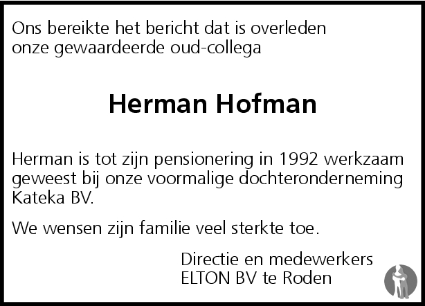 Herman Hofman 24-06-2008 overlijdensbericht en condoleances - Mensenlinq.nl
