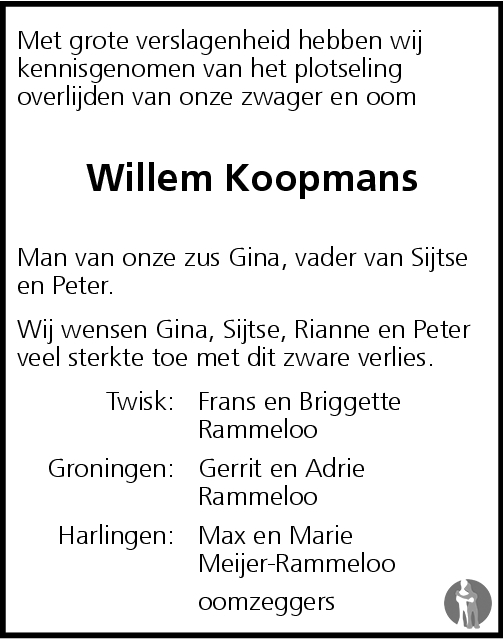 Willem Koopmans 08-08-2008 overlijdensbericht en condoleances ...