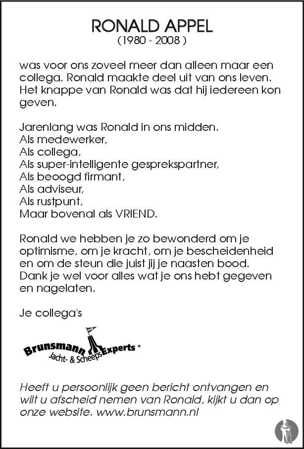 Ronald Appel 02-09-2008 overlijdensbericht en condoleances - Mensenlinq.nl