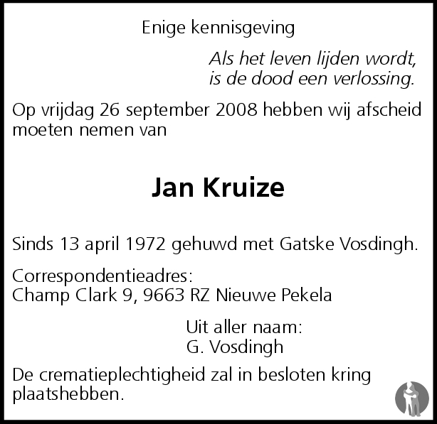 Jan Kruize 26-09-2008 overlijdensbericht en condoleances - Mensenlinq.nl