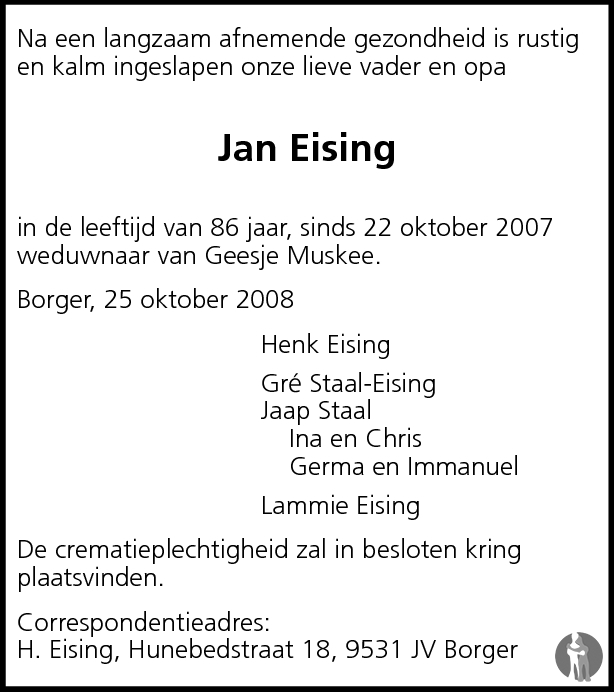 Jan Eising 25-10-2008 overlijdensbericht en condoleances - Mensenlinq.nl