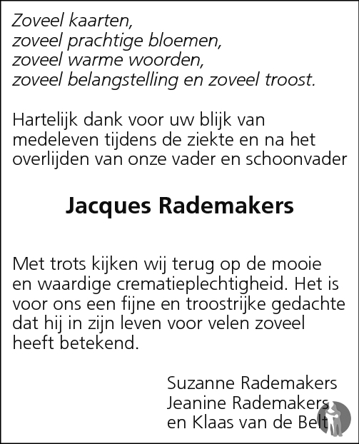 Jacobus Petrus Maria (Jacques) Rademakers 04-12-2008 overlijdensbericht ...