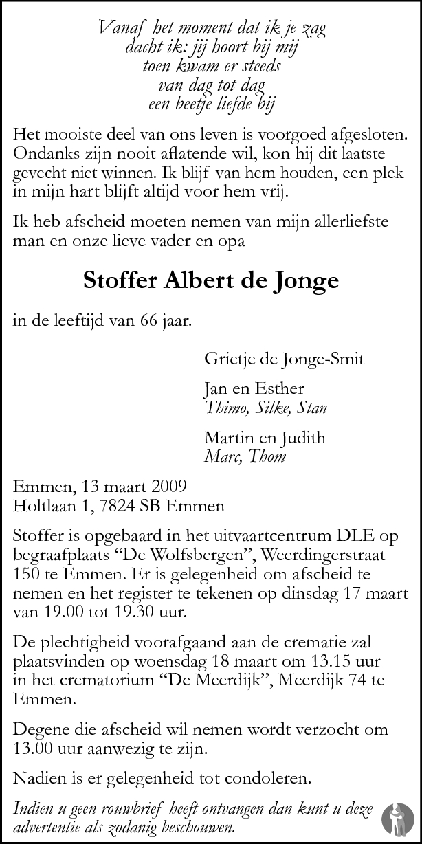 Stoffer Albert de Jonge 13-03-2009 overlijdensbericht en condoleances ...