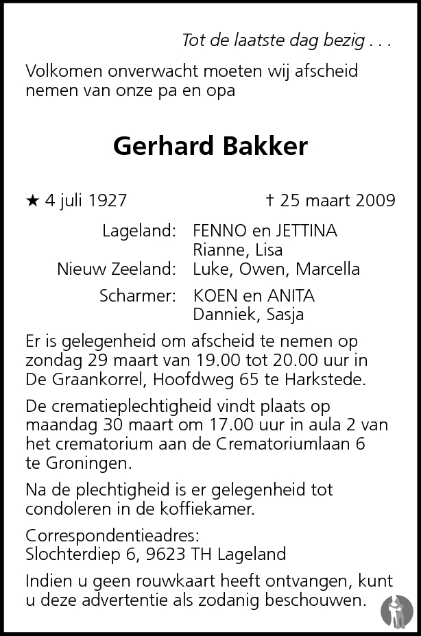 Gerhard Bakker 25-03-2009 overlijdensbericht en condoleances ...