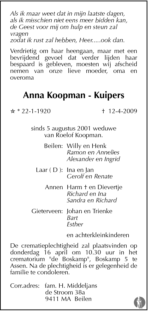 Anna Koopman - Kuipers 12-04-2009 overlijdensbericht en condoleances ...