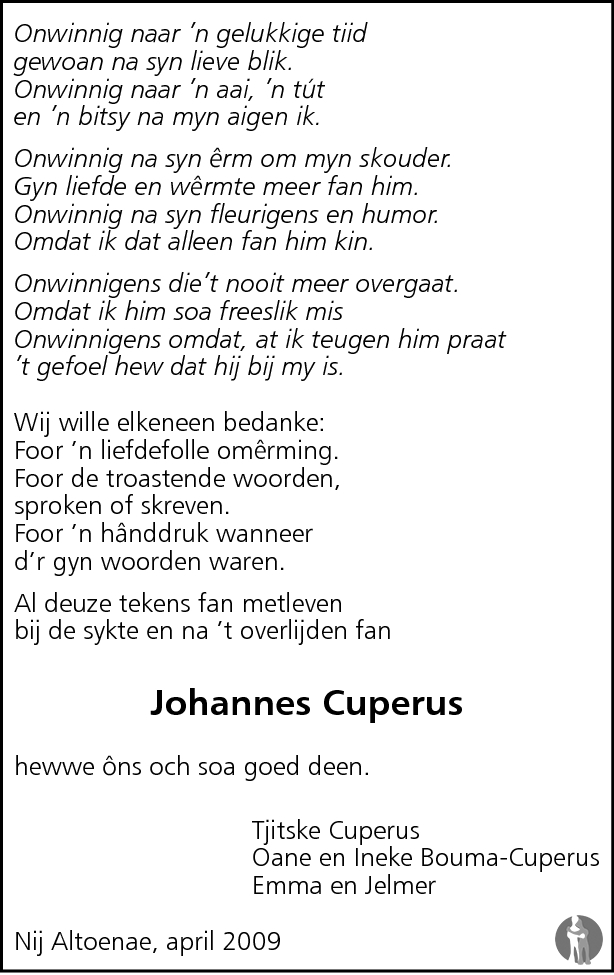 Johannes Cuperus 03 02 2009 Overlijdensbericht En Condoleances Mensenlinqnl