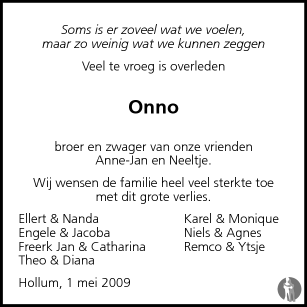 Onno de Boer 01-05-2009 overlijdensbericht en condoleances - Mensenlinq.nl