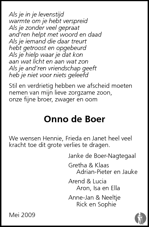 Onno de Boer 01-05-2009 overlijdensbericht en condoleances - Mensenlinq.nl