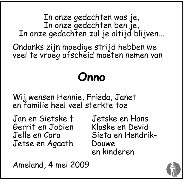 Onno de Boer 01-05-2009 overlijdensbericht en condoleances - Mensenlinq.nl