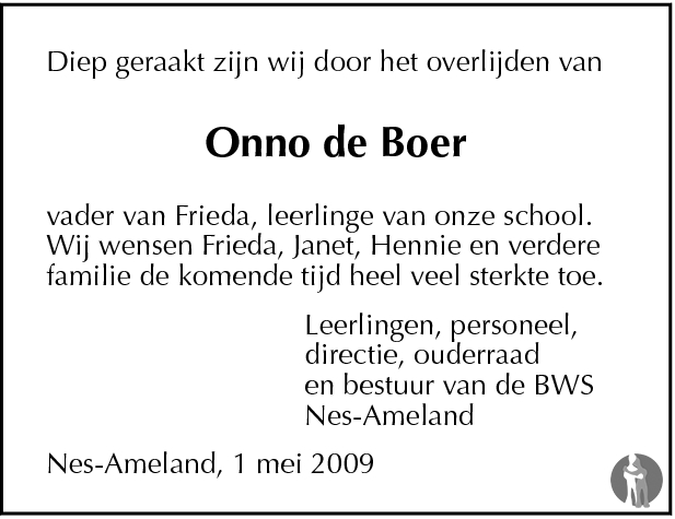 Onno de Boer 01-05-2009 overlijdensbericht en condoleances - Mensenlinq.nl