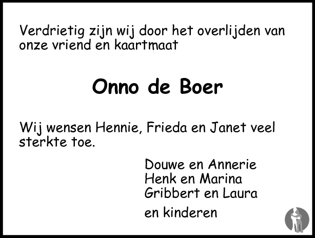 Onno de Boer 01-05-2009 overlijdensbericht en condoleances - Mensenlinq.nl