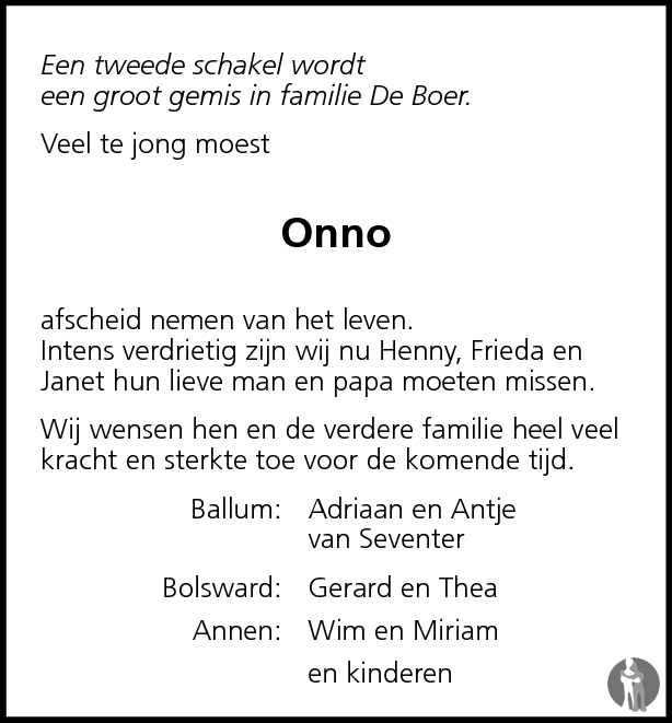 Onno de Boer 01-05-2009 overlijdensbericht en condoleances - Mensenlinq.nl