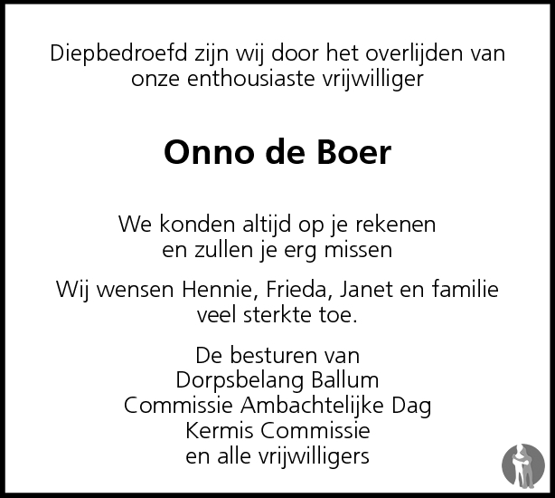 Onno de Boer 01-05-2009 overlijdensbericht en condoleances - Mensenlinq.nl