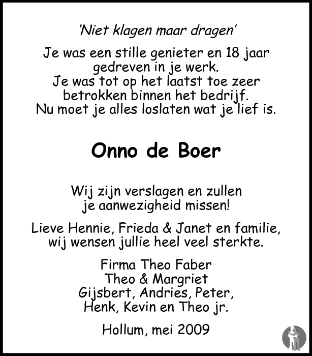 Onno de Boer 01-05-2009 overlijdensbericht en condoleances - Mensenlinq.nl