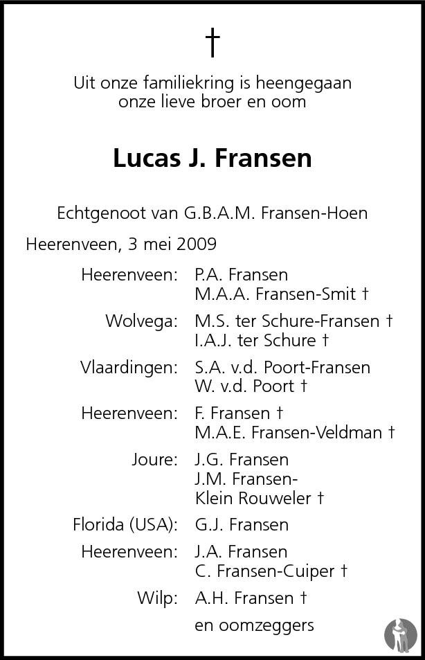 Lucas Johannes Fransen 03-05-2009 overlijdensbericht en condoleances ...