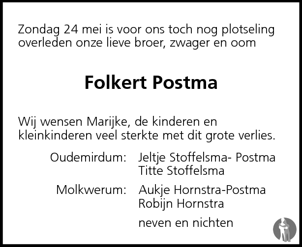 Folkert Postma 24-05-2009 overlijdensbericht en condoleances ...