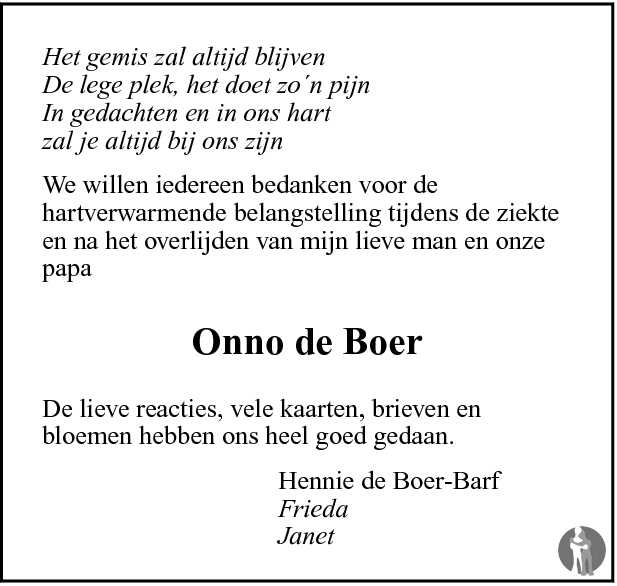 Onno de Boer 01-05-2009 overlijdensbericht en condoleances - Mensenlinq.nl